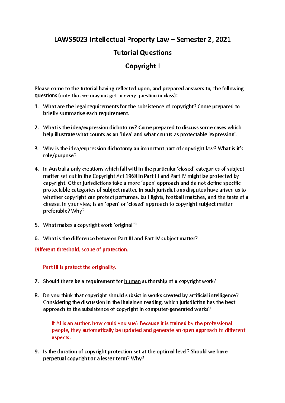 Intellectual Property Law_Tutorial 2 - Copyright I_Question - LAWS5023 ...