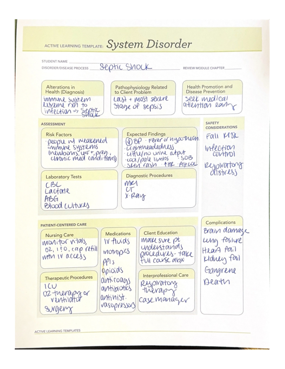 Septic shock ATI Template - NURS 4262 - Studocu