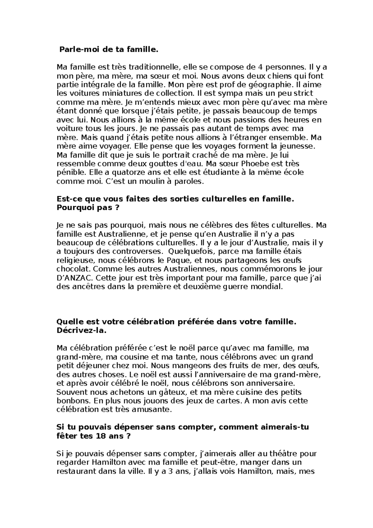 Speaking Responses - Parle-moi de ta famille. Ma famille est très ...