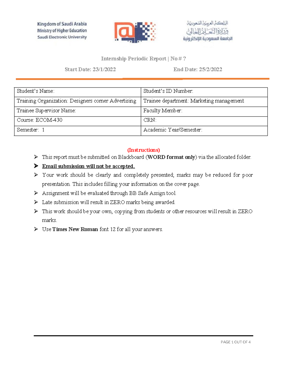 Periodic Report Form - Course work of SEU - Internship Periodic Report ...