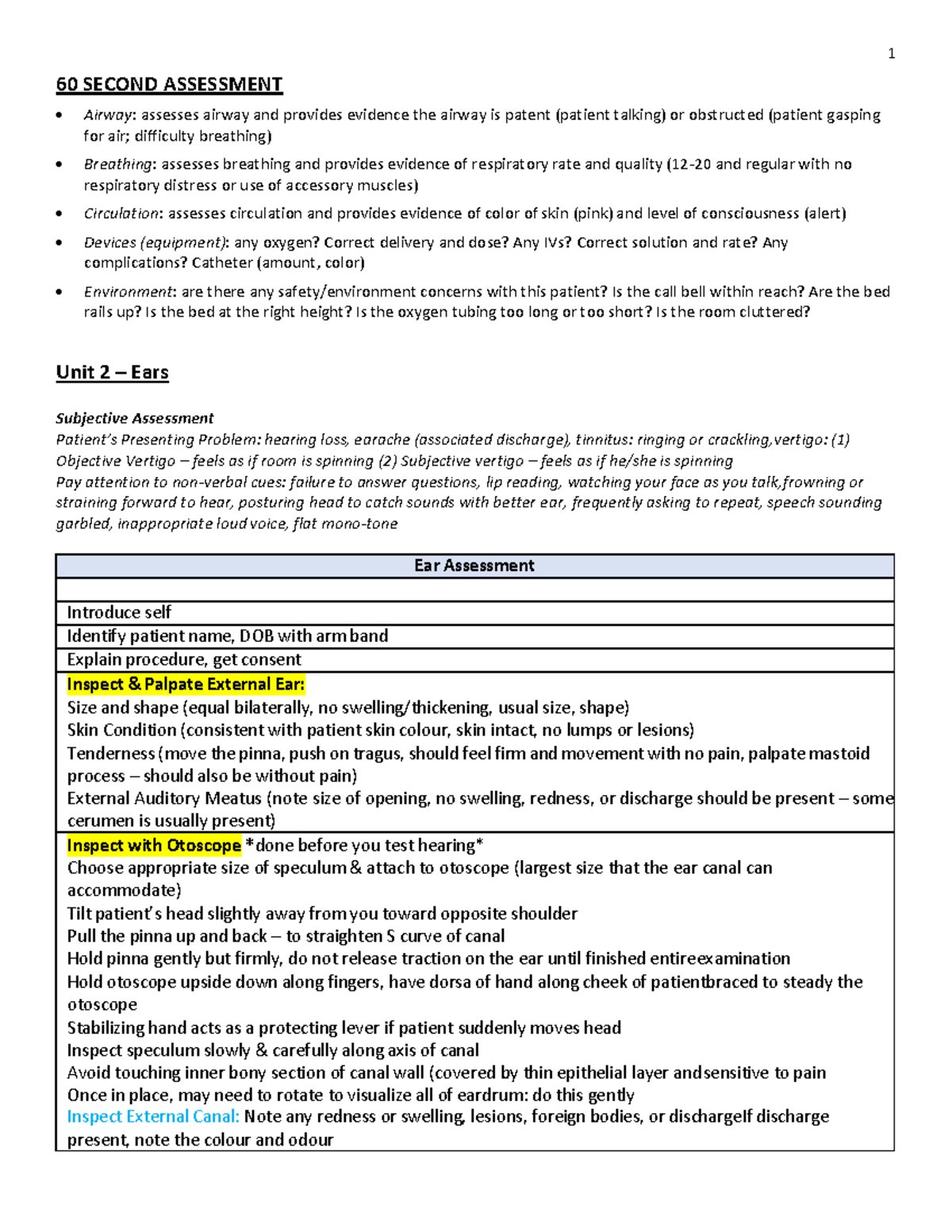 OSCE PREP for N203 - OSCE Prep - 60 SECOND ASSESSMENT • Airway ...