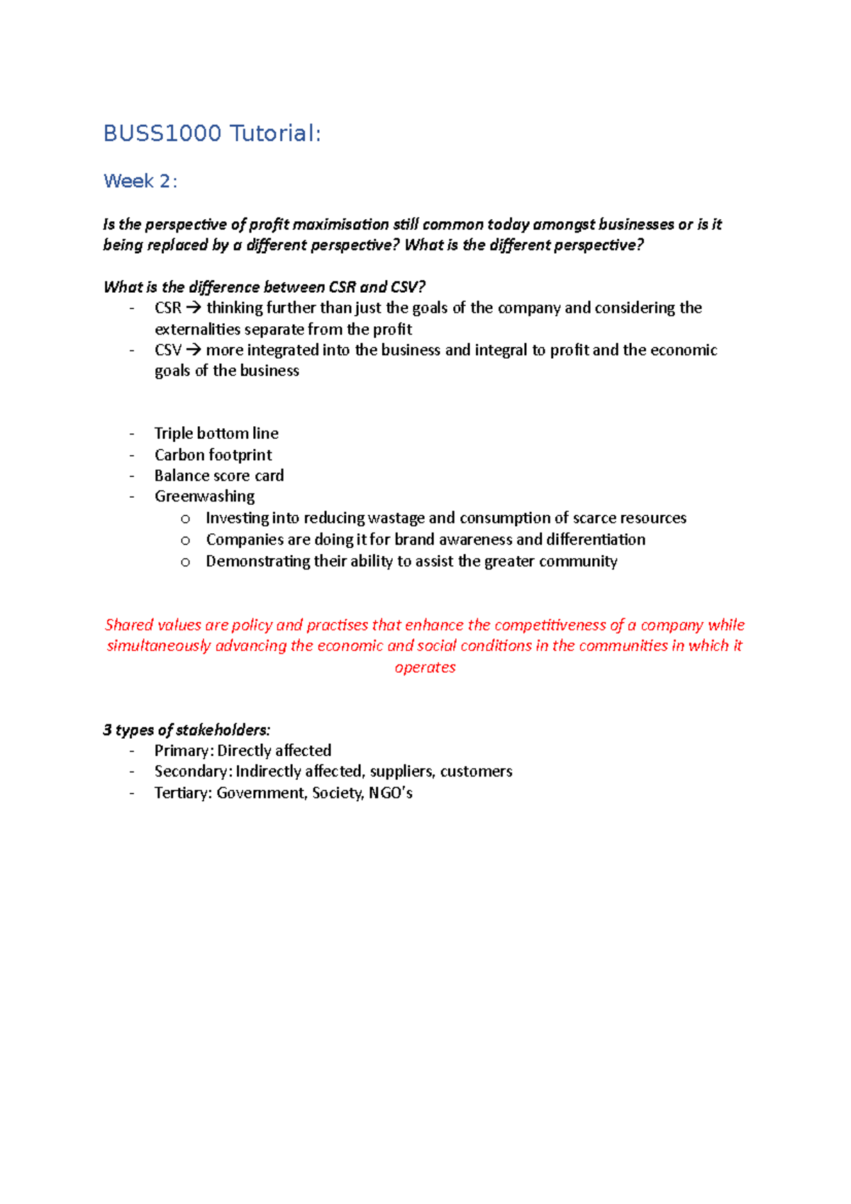 1000 Tutorial Notes - BUSS1000 Tutorial: Week 2: Is the perspective of ...
