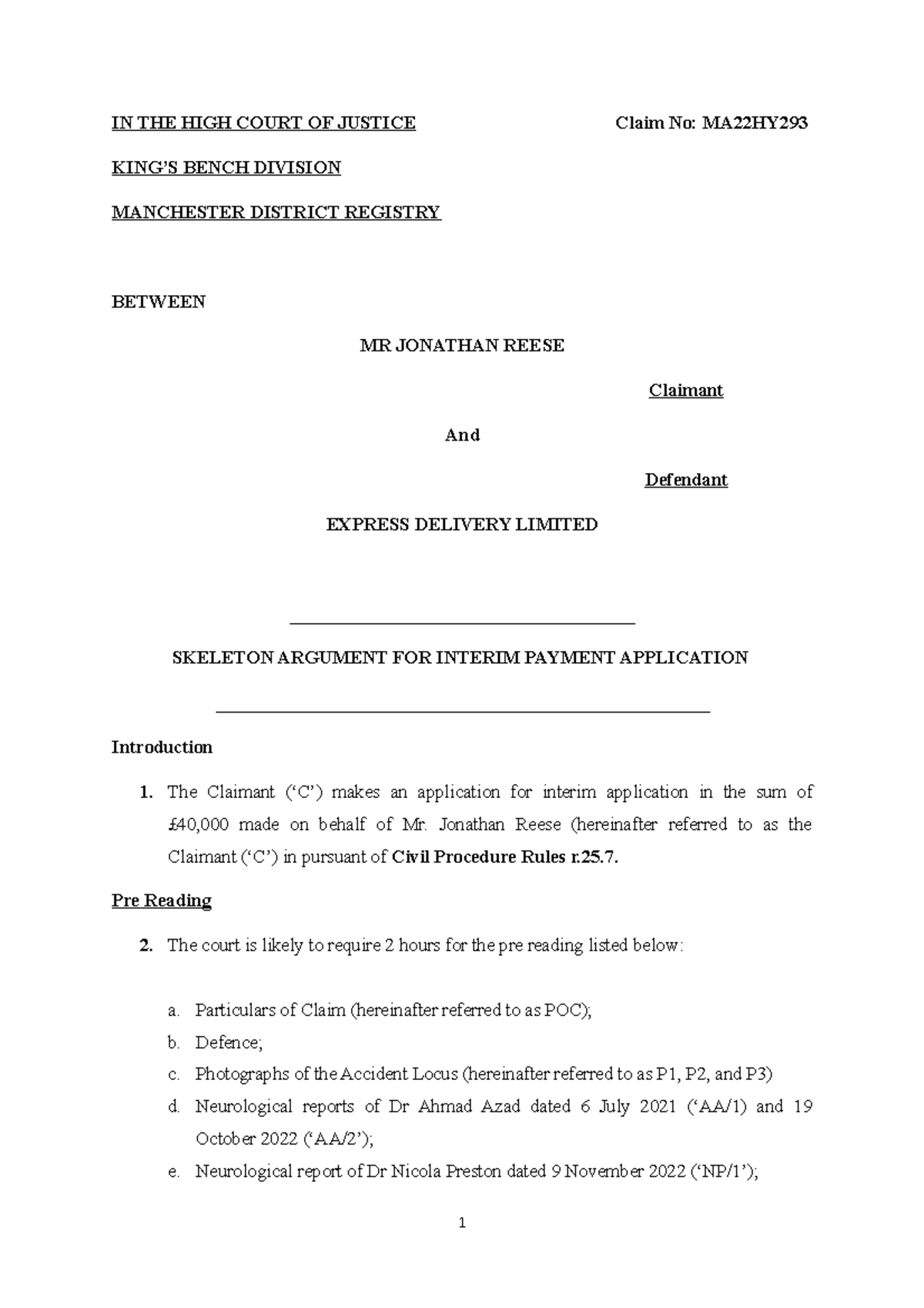 Skeleton Argument Interim Payment - BPP - Studocu