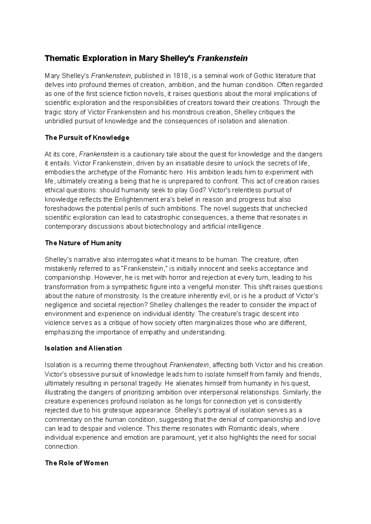 Frankenstein - asbasdfasvsadf - Thematic Exploration in Mary Shelley's ...