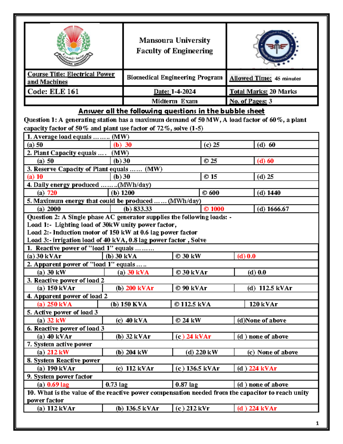 Mid BME 2024 - mid exam - 1 Answer all the following questions in the bubble sheet Question 1: A ...