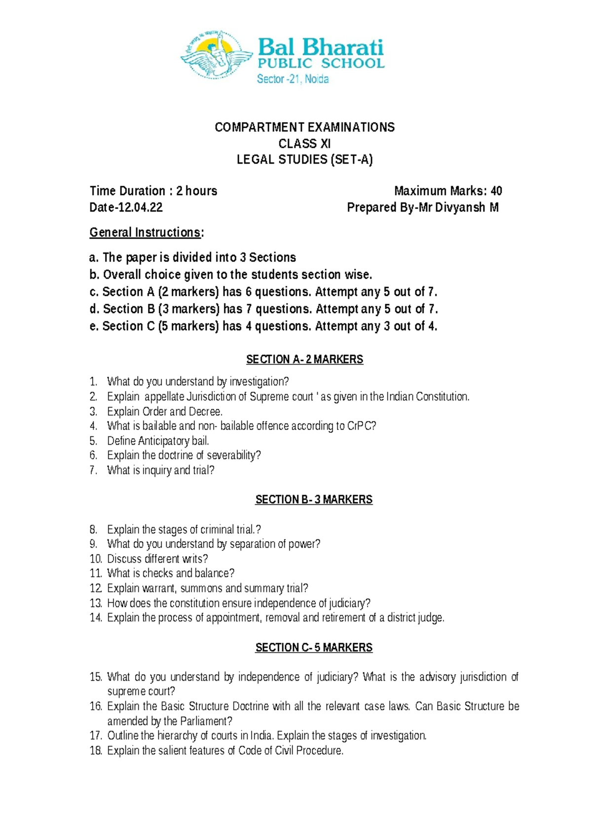 Compartment question paper - COMPARTMENT EXAMINATIONS CLASS XI LEGAL ...