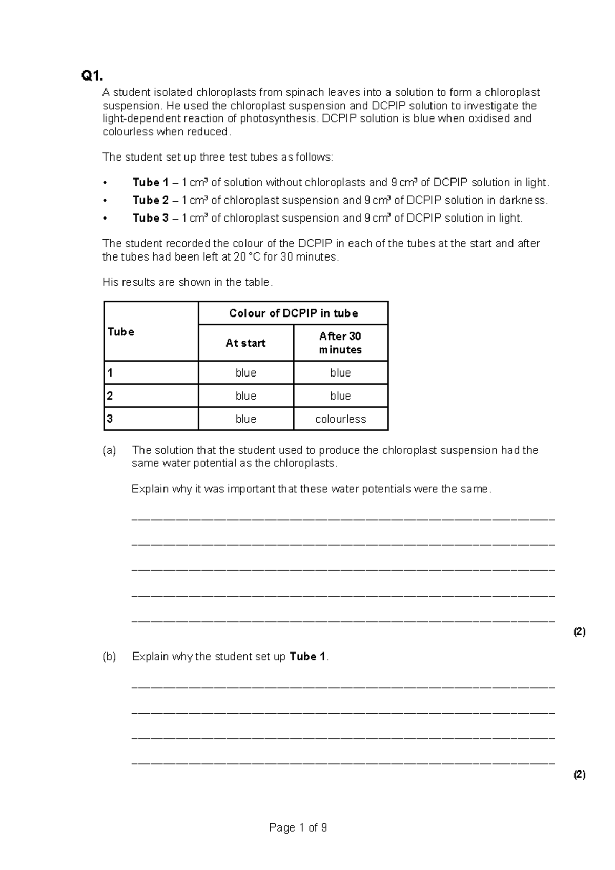 CPAC 8 exam qs - gjyfy - Q1. A student isolated chloroplasts from ...