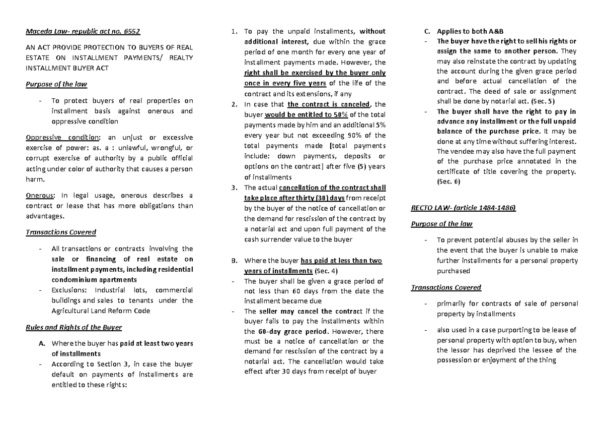 Tom law - notes on maceda and recto - Maceda Law- republic act no. 6552 ...