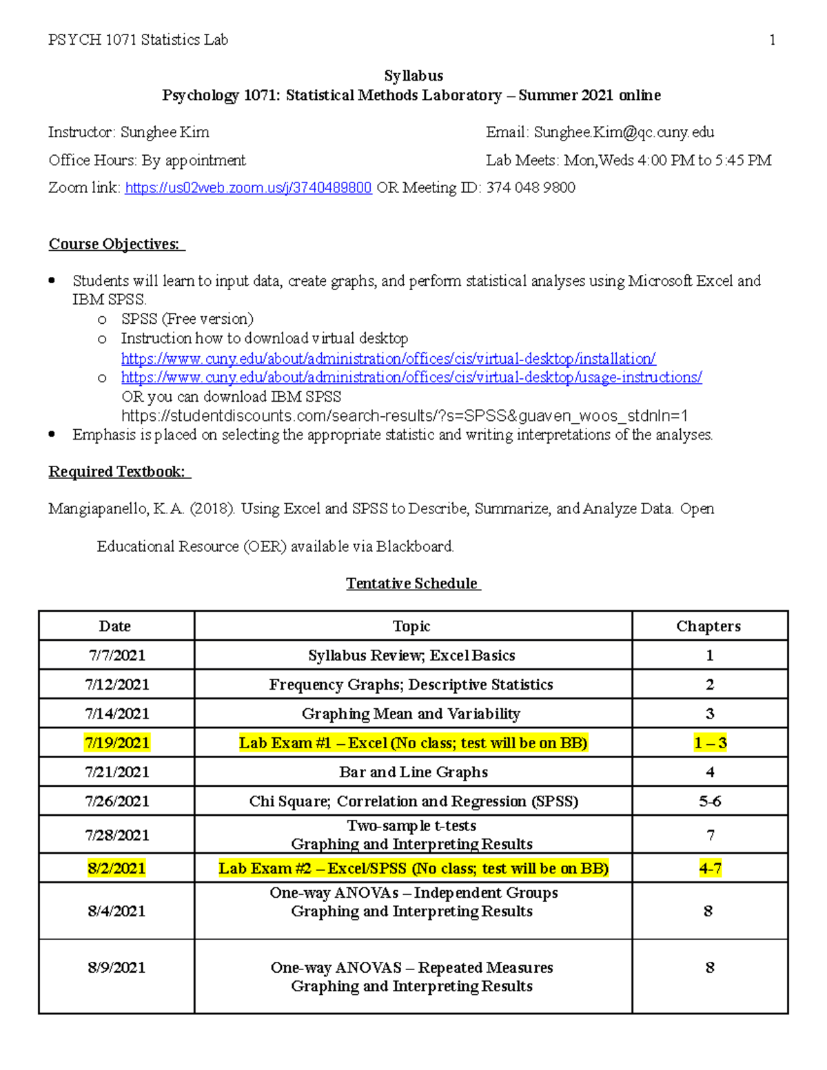 Stats Lab Syllabus Summer 2021 - PSYCH 1071 Statistics Lab 1 Syllabus ...