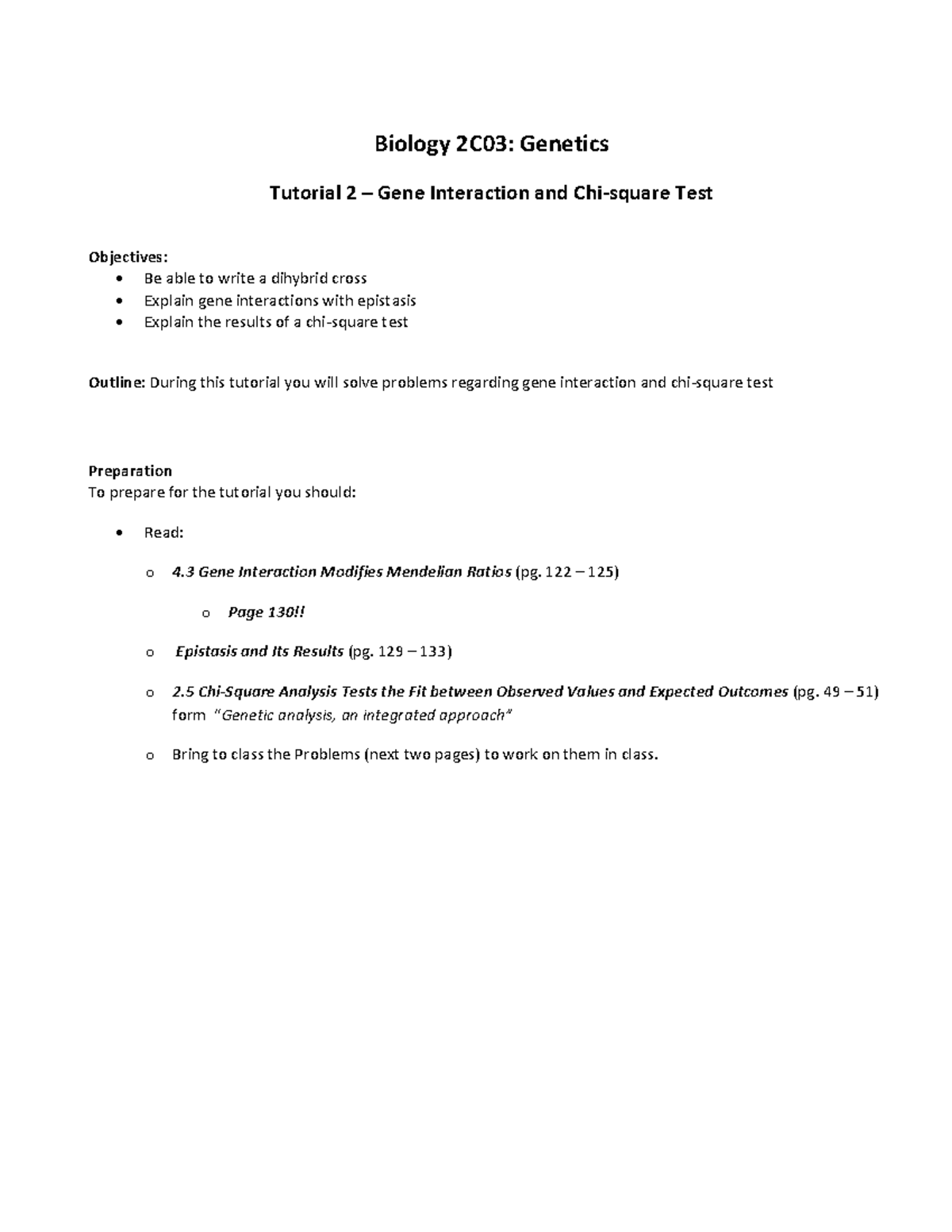 BIO 2C03 Tutorial 2 Gene Interaction copy - Biology 2C03: Genetics Tutorial 2 – Gene Interaction ...