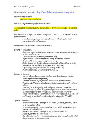 Lecture 7 - Lecture 7 Developing an Innovation Strategy Key challenges ...