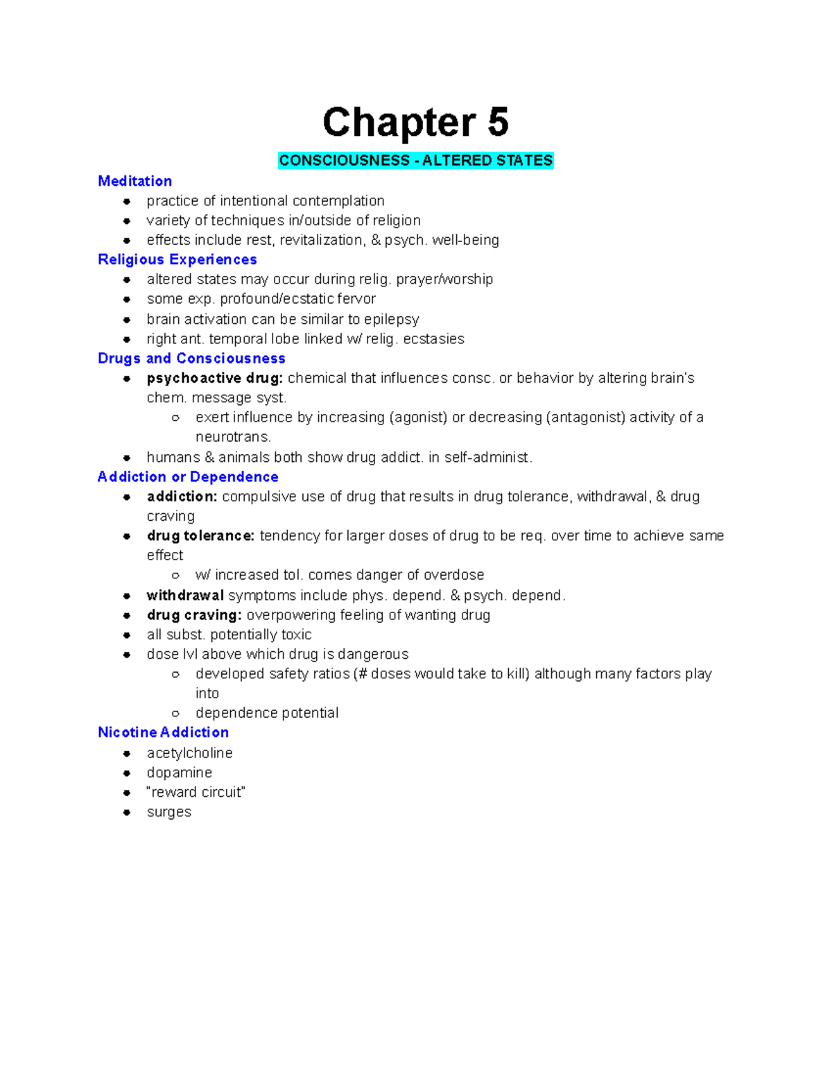 Class Notes 10-16-15 - Prof. Riordan - Chapter 5 CONSCIOUSNESS ...