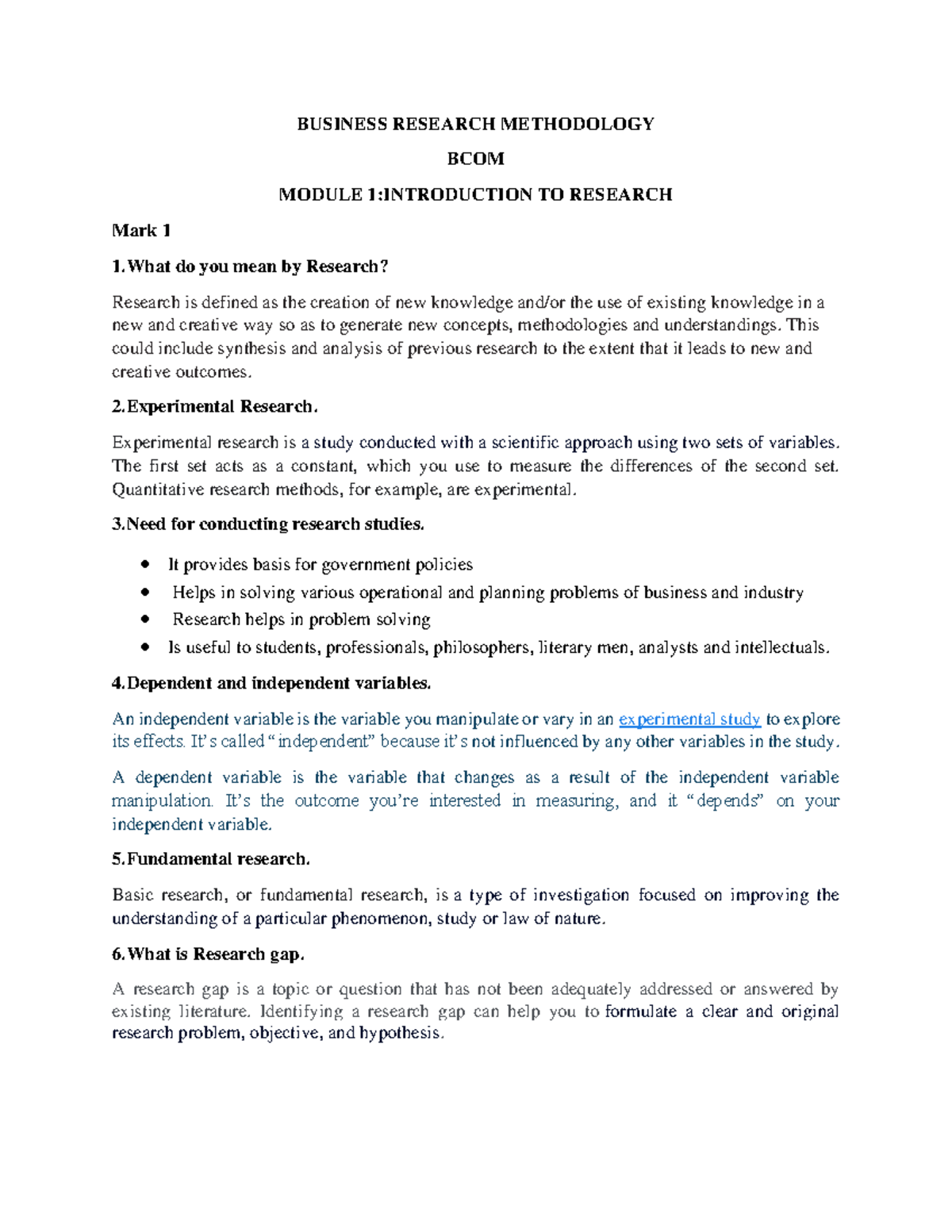 BRM Short - BUSINESS RESEARCH METHODOLOGY BCOM MODULE 1:INTRODUCTION TO ...