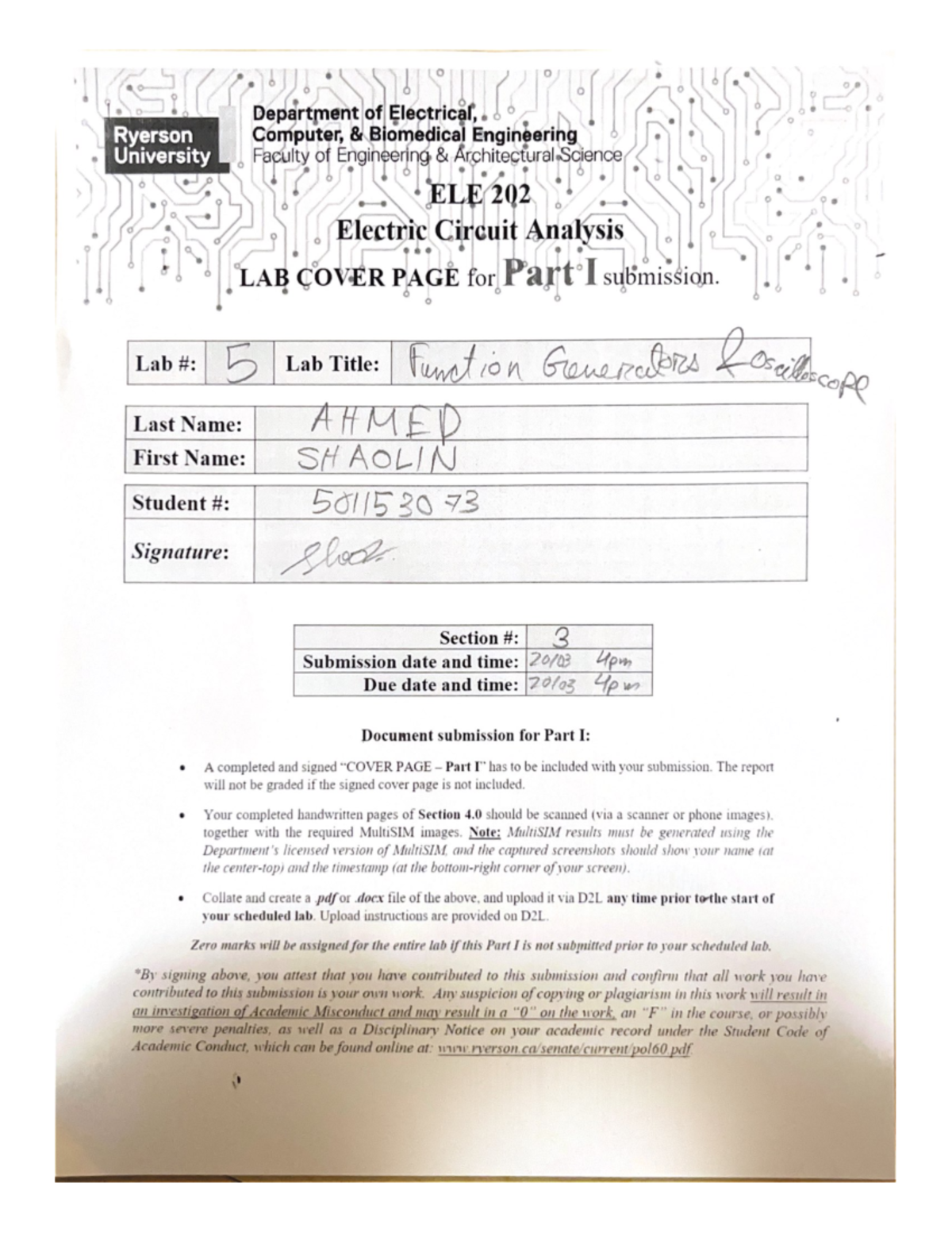 Shaolin Ahmed Ele Pre Lab 6 - ELE 202 - Studocu