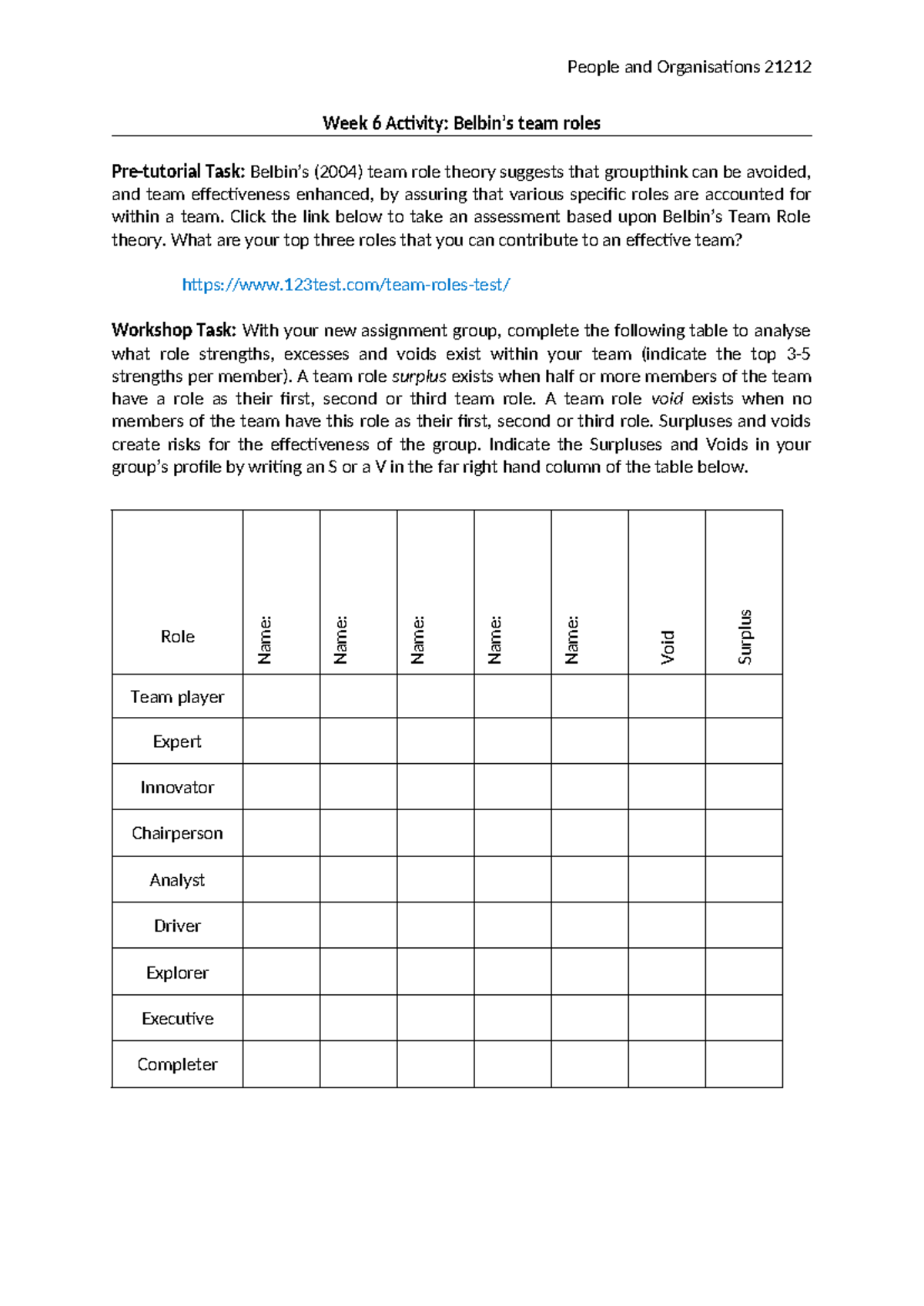 Week 6 - Belbin Team Activity - People and Organisations 21212 Week 6 ...