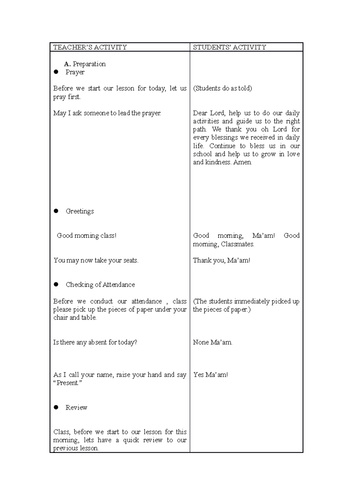 Lesson plan in work - TEACHER’S ACTIVITY STUDENTS’ ACTIVITY A ...