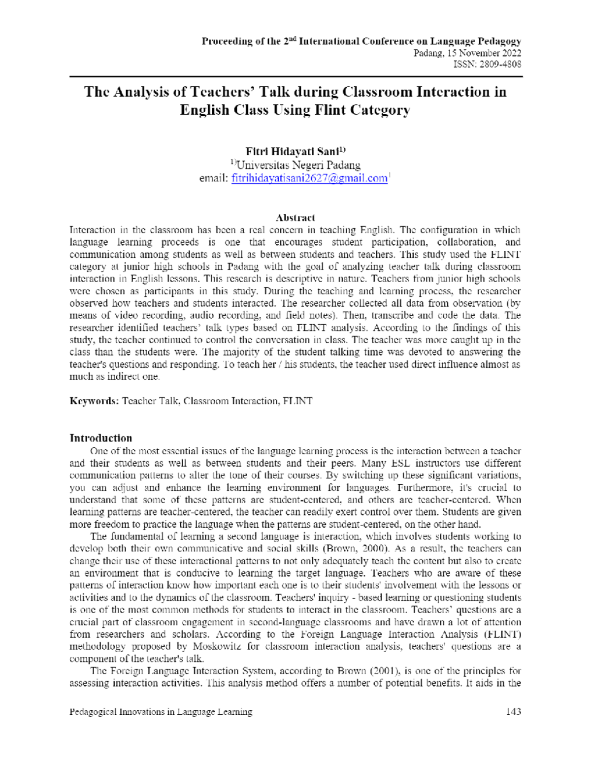 The Analysis of Teachers’ Talk during Classroom Interaction in English Class Using Flint ...