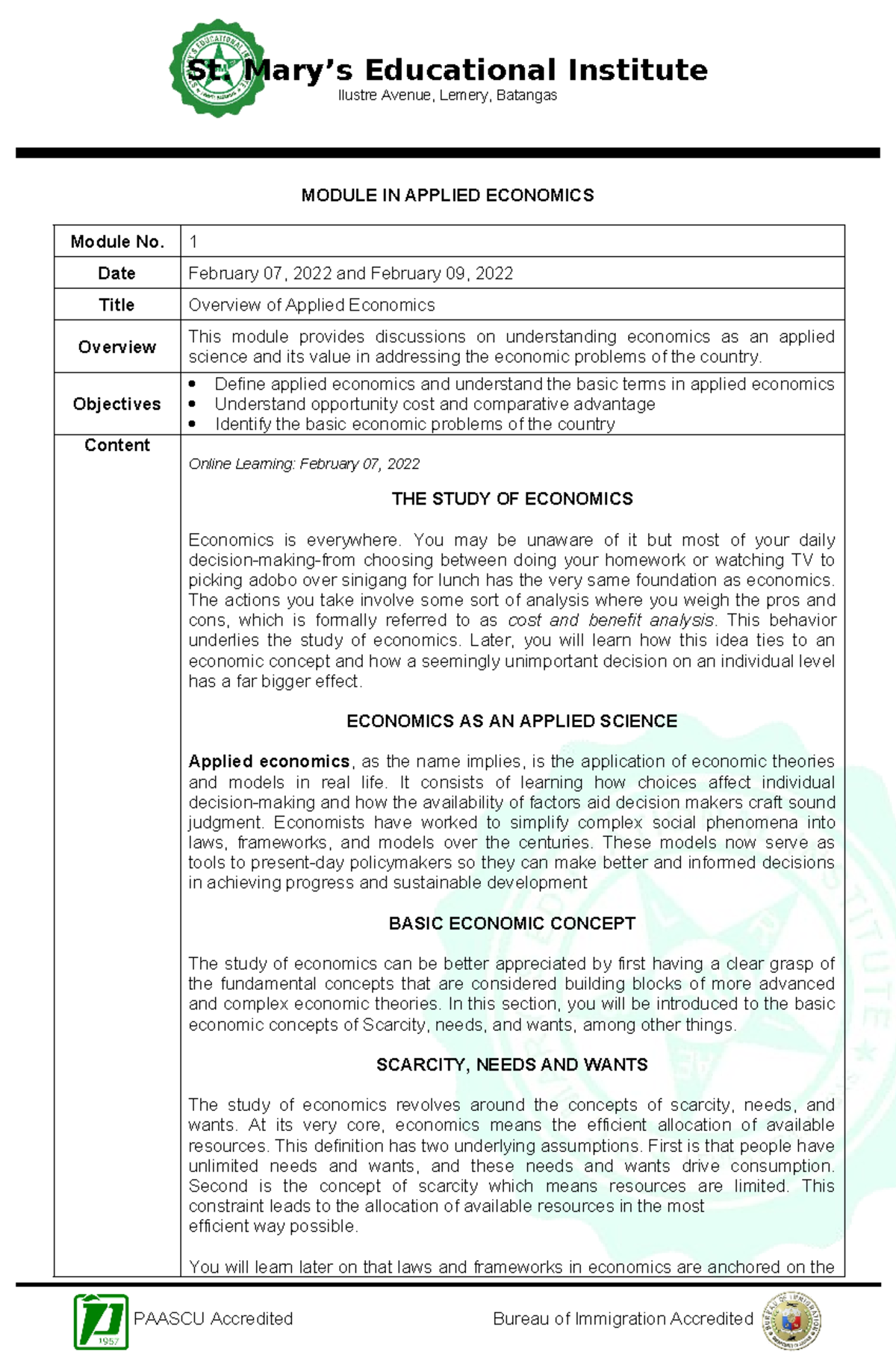 Module-No.-1 Applied Eco IL1 - Ilustre Avenue, Lemery, Batangas MODULE ...