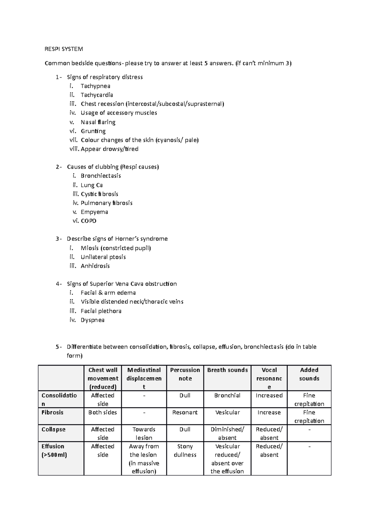Respi System - RESPI SYSTEM Common bedside questions- please try to ...