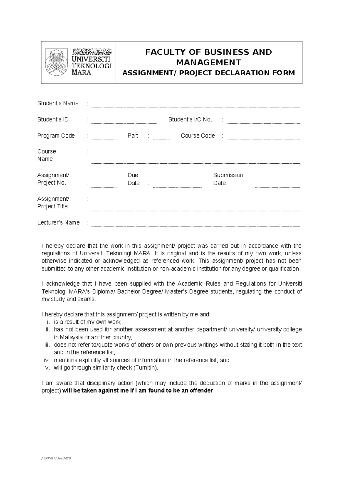 Assignment Project Declaration Form - FACULTY OF BUSINESS AND ...