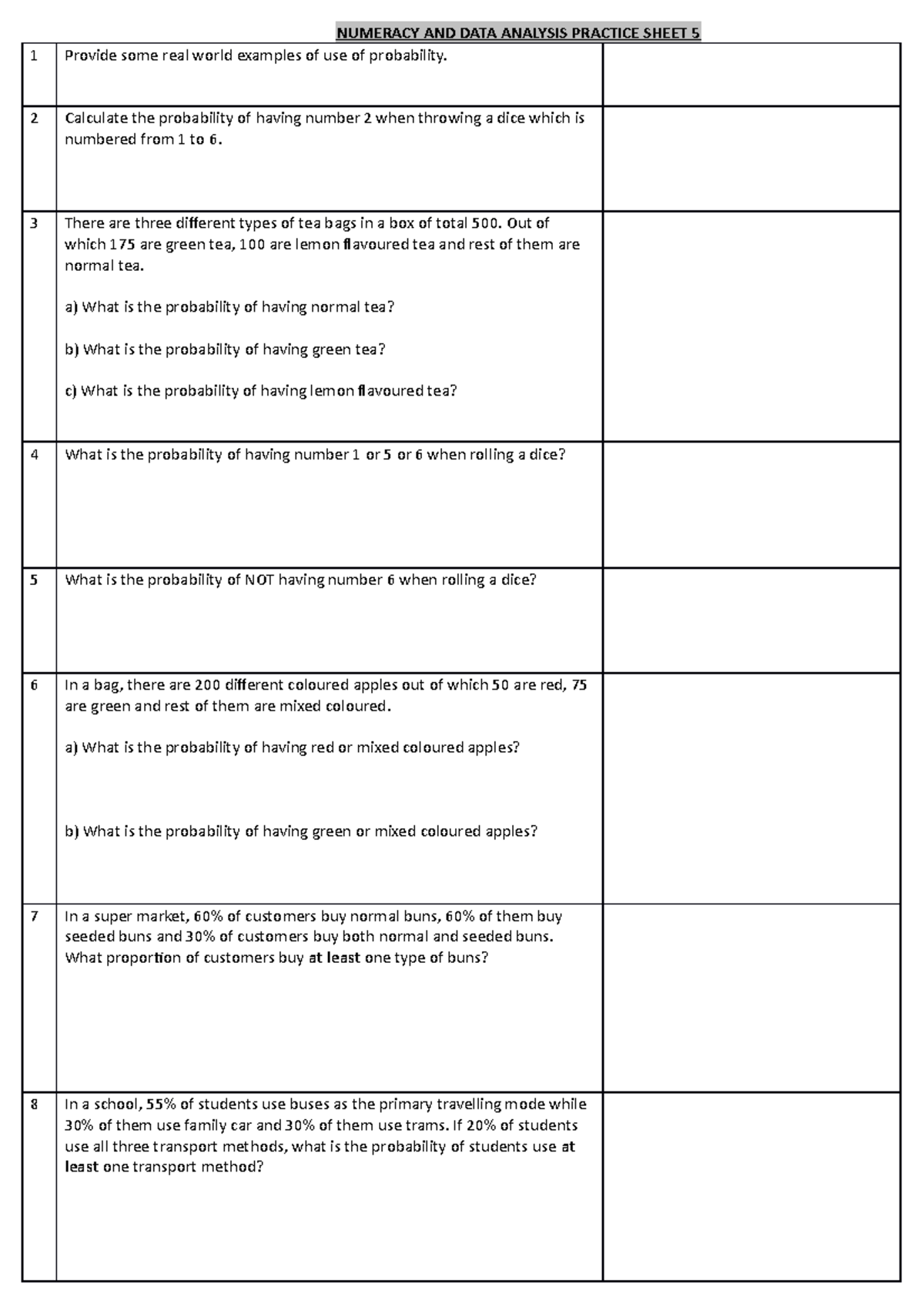 NDA Practice Sheet 6 - NUMERACY AND DATA ANALYSIS PRACTICE SHEET 5 1 ...