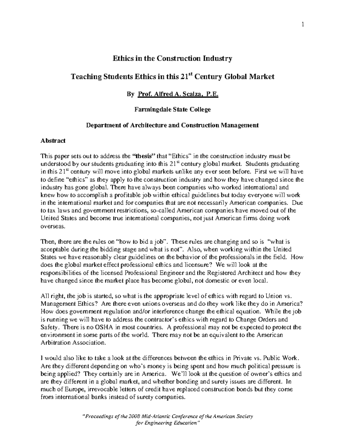 Ethics in the Construction Industry - Scalza - 1 Ethics in the ...