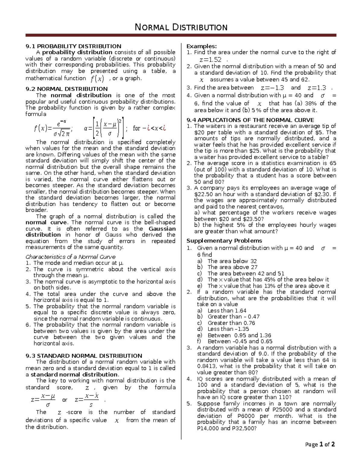 9 - Basic Statistics - NORMAL DISTRIBUTION 9 PROBABILITY DISTRIBUTION A ...