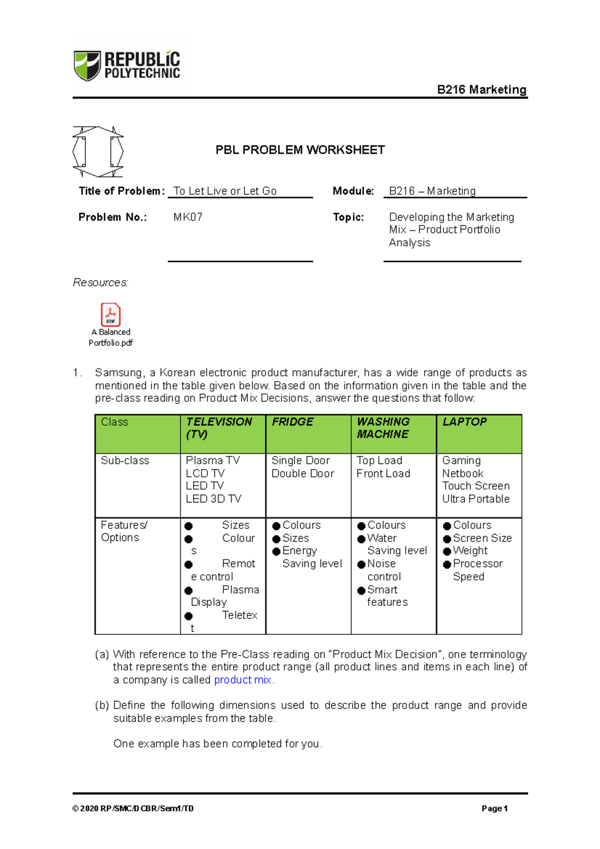 B216 MK07 Worksheet 202005 06 - PBL PROBLEM WORKSHEET Title of Problem ...