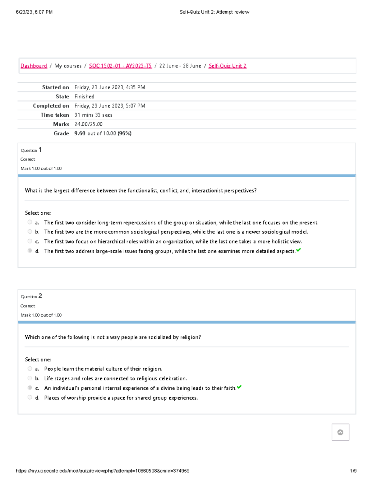 Self-Quiz Unit 2 Attempt review - Started on Friday, 23 June 2023, 4:35 PM State Finished ...