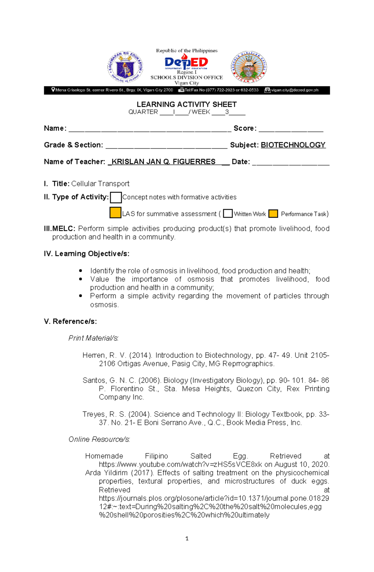 Biotech WEEK-3 - topics - LEARNING ACTIVITY SHEET QUARTER I/ WEEK 3 ...