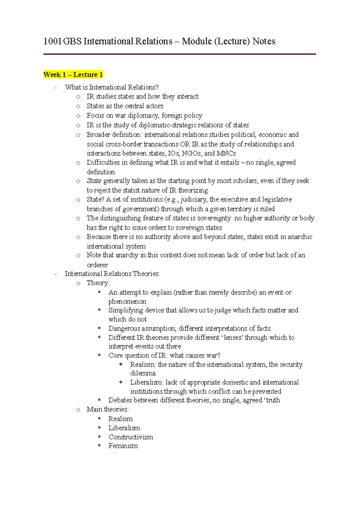 Module Notes 1001gbs International Relations Module Lecture Notes Week 1 Lecture 1 What