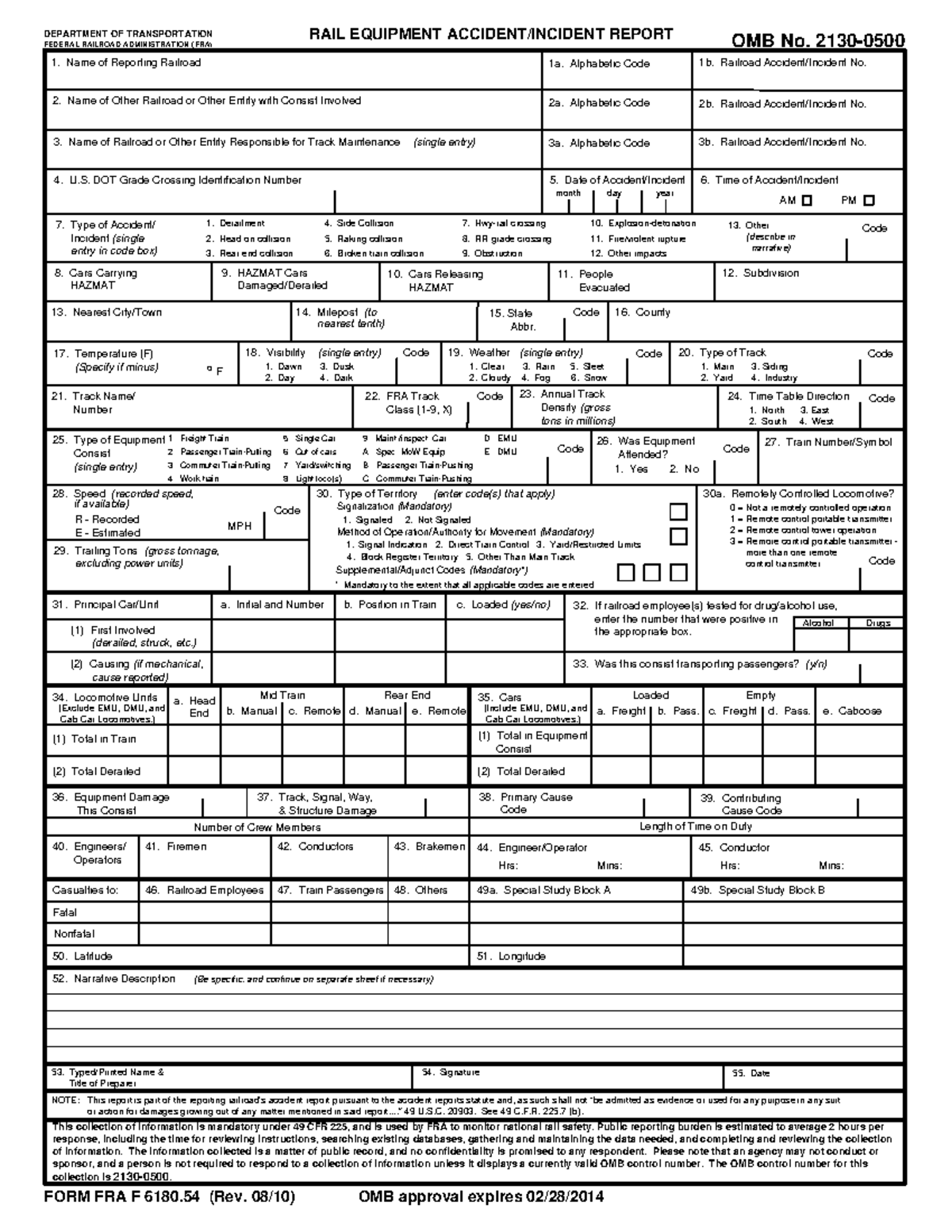 Form used - ..... - Name of Reporting Railroad 1b. Railroad Accident ...
