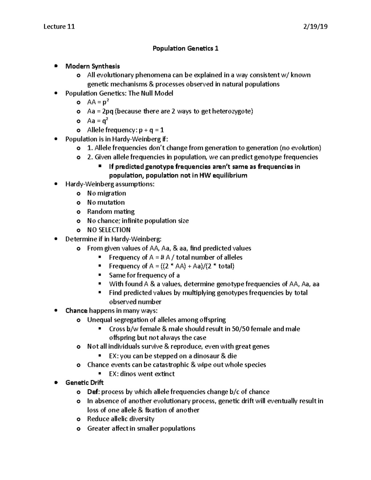 Population Genetics 1 - Lecture Notes (Spring 2019) - Lecture 11 2/19 ...