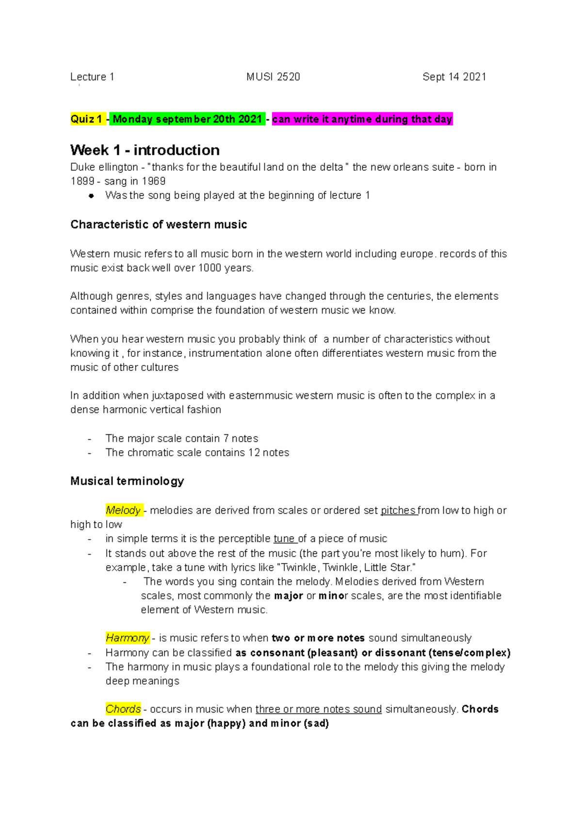 MUSI 2520 Lecture 1 - notes - Lecture 1 MUSI 2520 Sept 14 2021 Quiz 1 ...