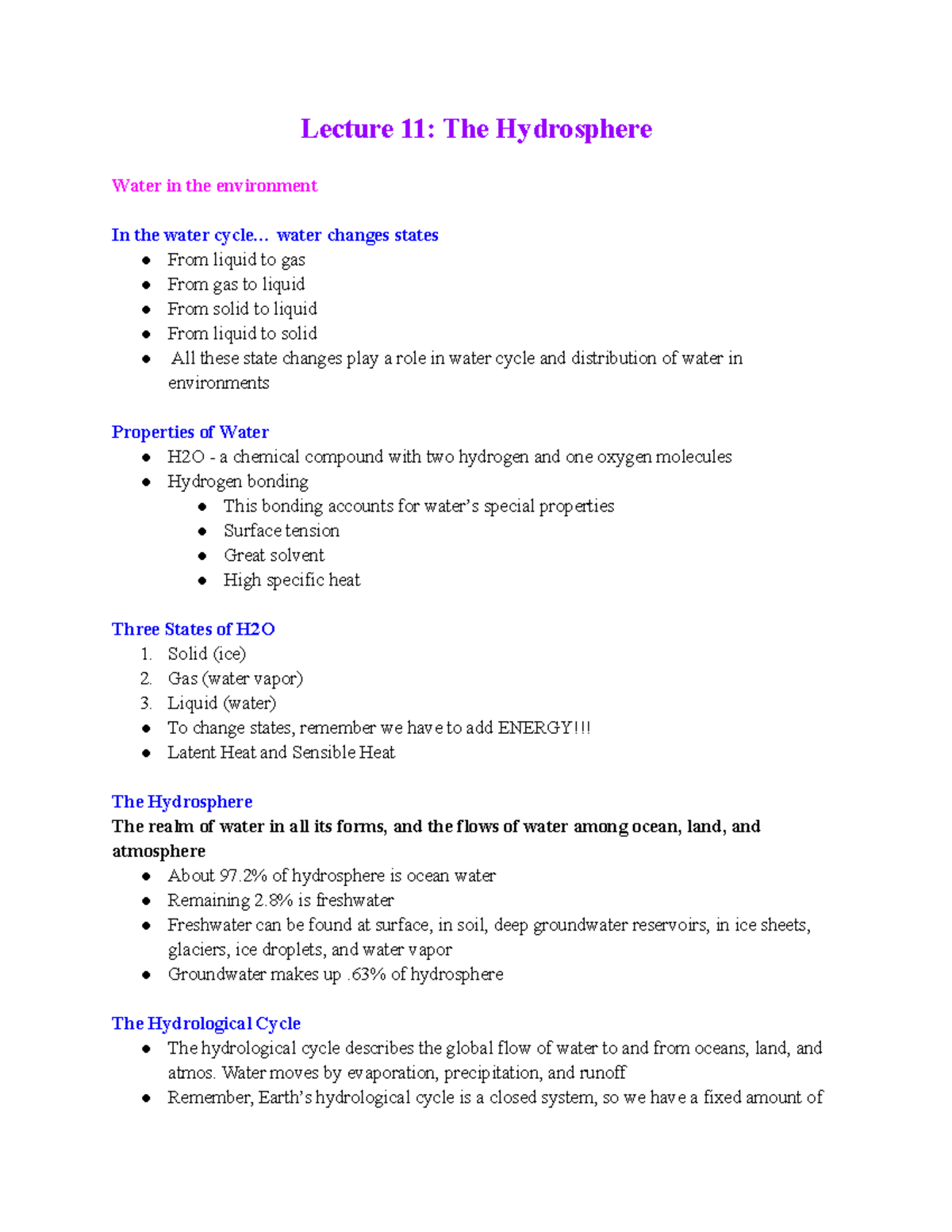 Geol lecture 11 - Lecture 11: The Hydrosphere Water in the environment ...