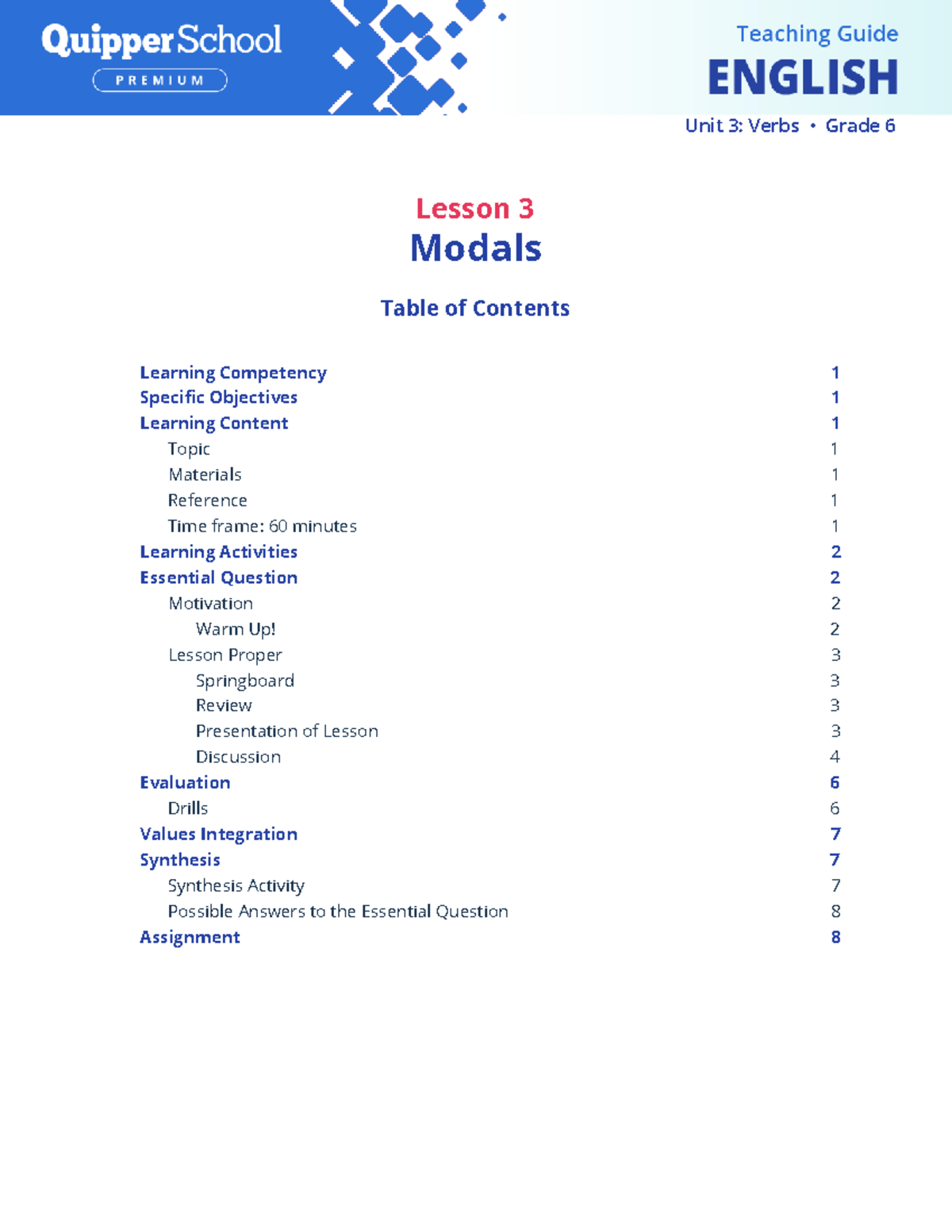 Modals in English Grammar - Modals - Lesson Learning Competency Table ...