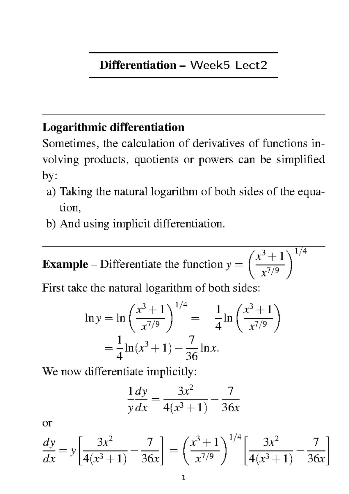 FV-W5L2 - Math1021 lec notes - Differentiation – Week5 Lect Logarithmic ...