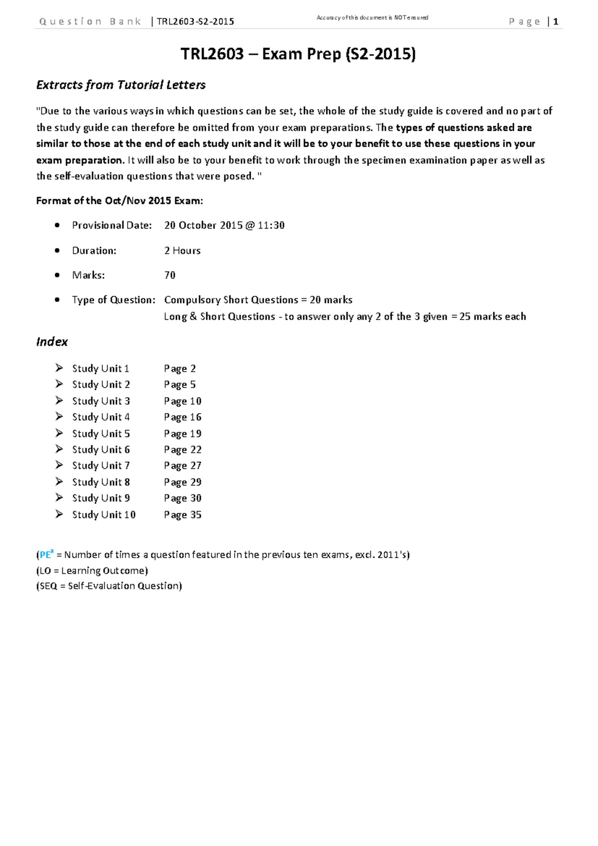 Exam preparation questions from previous combined question papers and assignments - TRL2603 ...