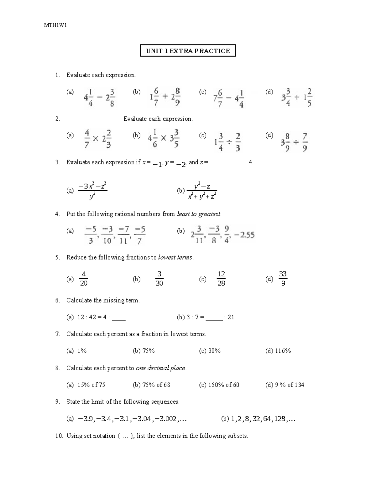 MTH1W1 - Unit 1 Extra Practice - MTH1W 1. Evaluate each expression. (a ...