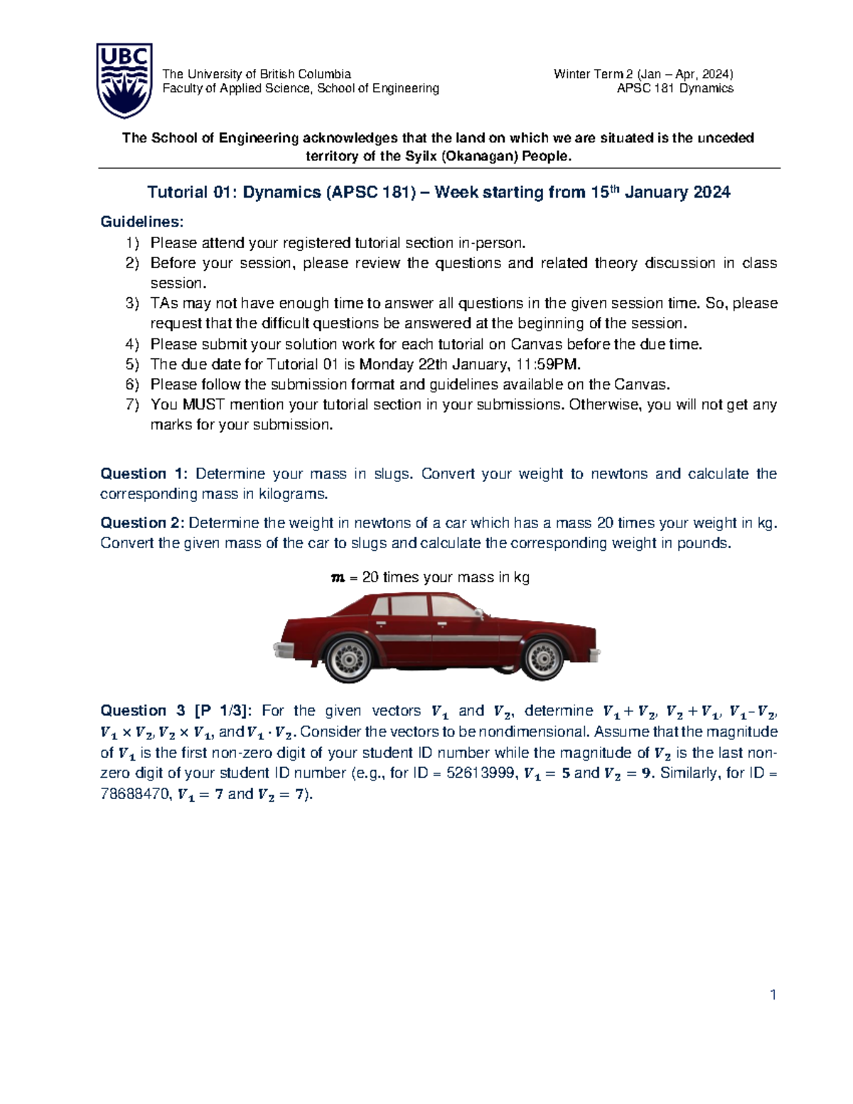 Tutorial 1 - Introduction to Dynamics - Questions - The University of ...