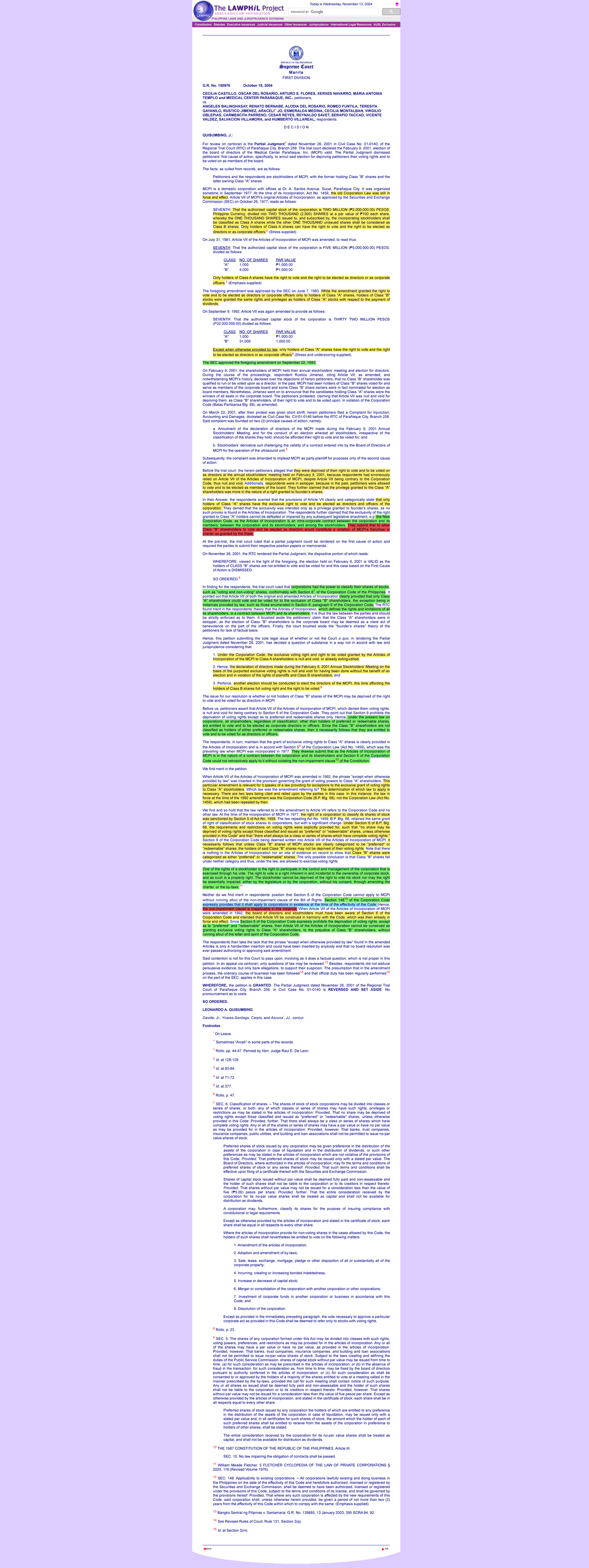 Corpo, Castillo v. Balinghasay, G.R. No. 150976 (2004 ) - Constitution ...