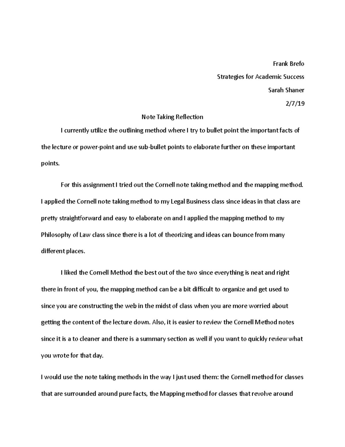 Note taking reflection - Frank Brefo Strategies for Academic Success ...