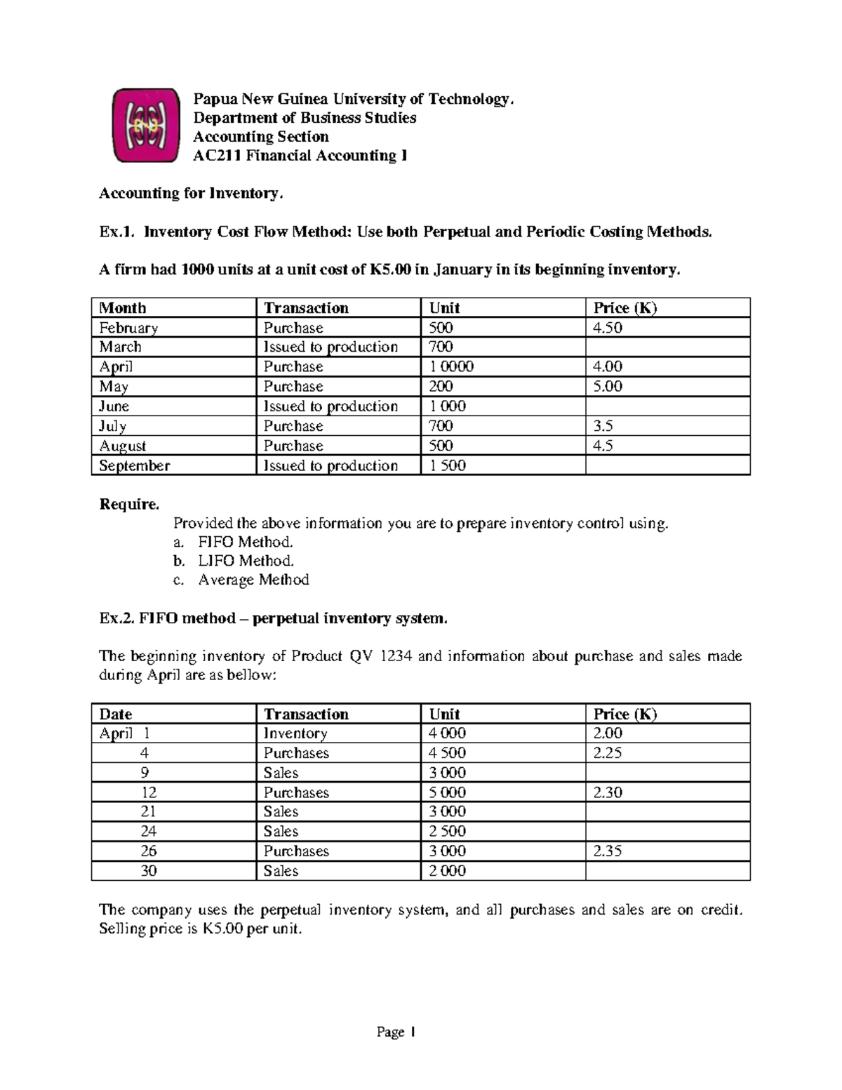 Tutorial Exercises Accounting For Inventory Page 1 Papua New Guinea