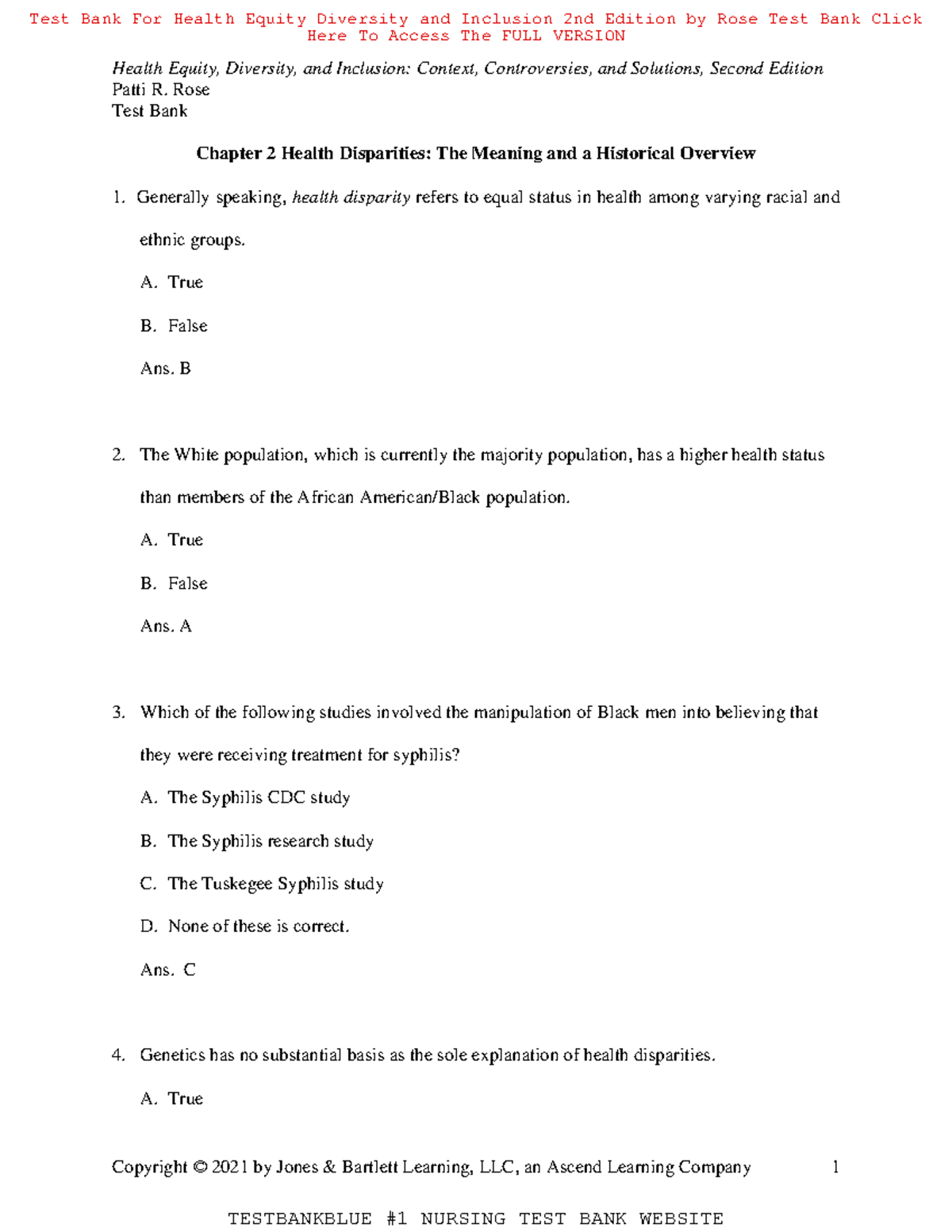 Test Bank for Health Equity Diversity and Inclusion 2nd Edition by Rose ...