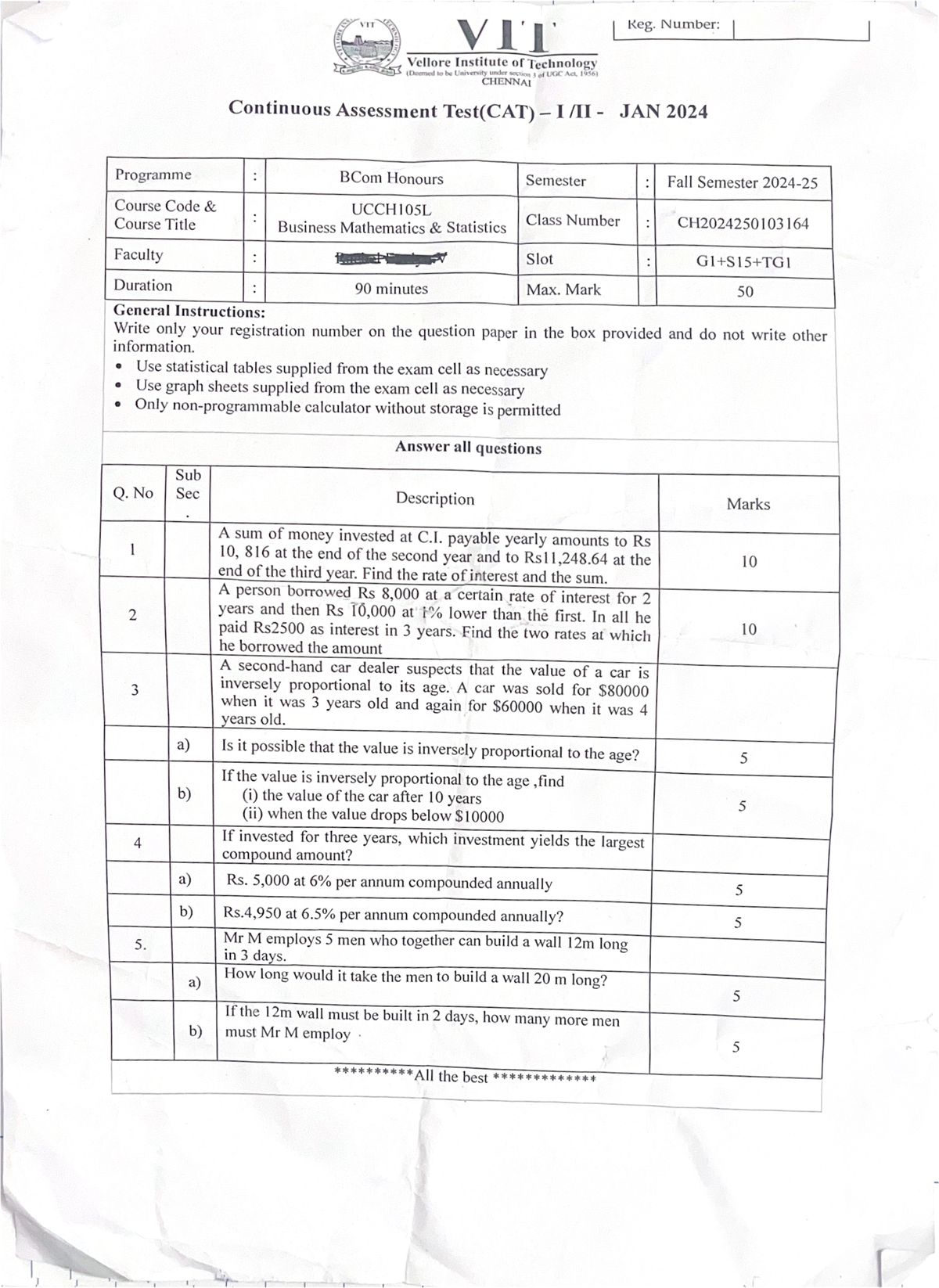 Cat 1 math - Cat 1 - VIT Reg. Number: Vellore Institute of Technology ...