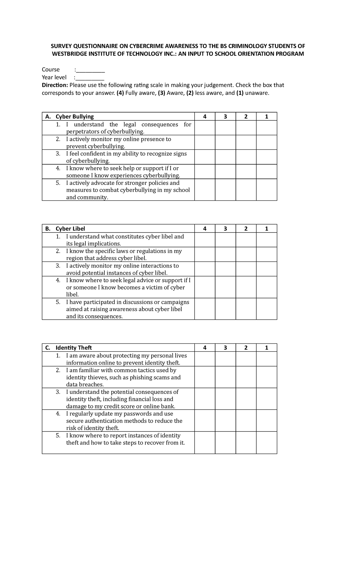 Sample Survey Questionnaire Micosa - SURVEY QUESTIONNAIRE ON CYBERCRIME AWARENESS TO THE BS ...