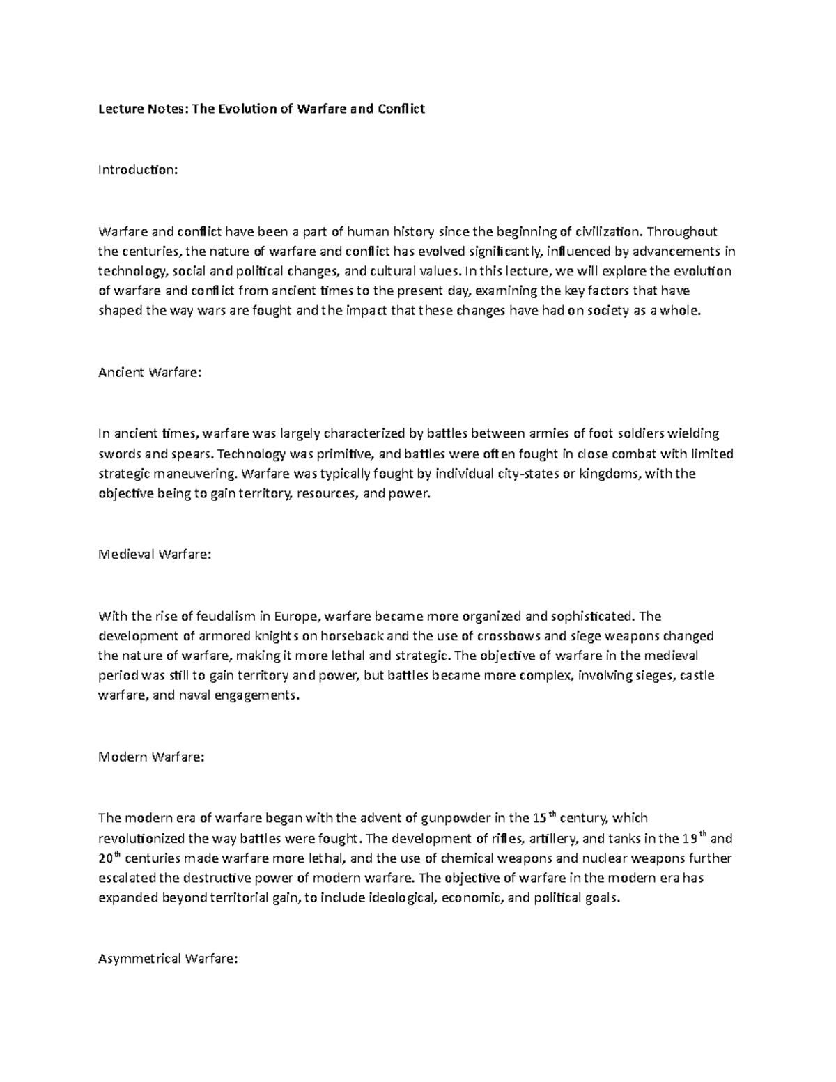 Lecture Notes: The Evolution of Warfare and Conflict - Lecture Notes ...