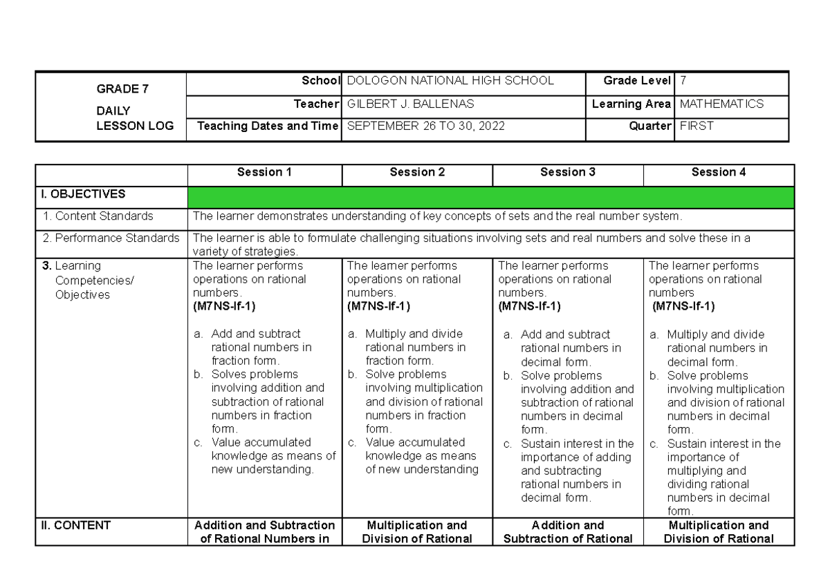 WEEK-6 - LESSON PLAN IN MATHEMATICS 7 DAILY LESSON PLAN FOR THE FIRST ...