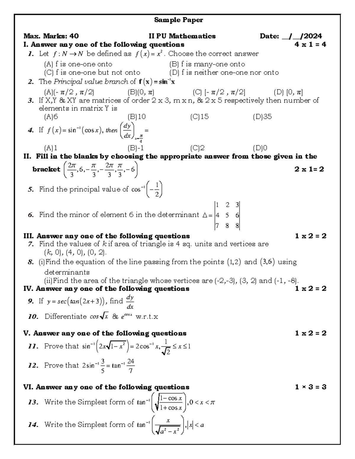 First TEST Revision QP - Math - Sample Paper Max. Marks: 40 II PU ...