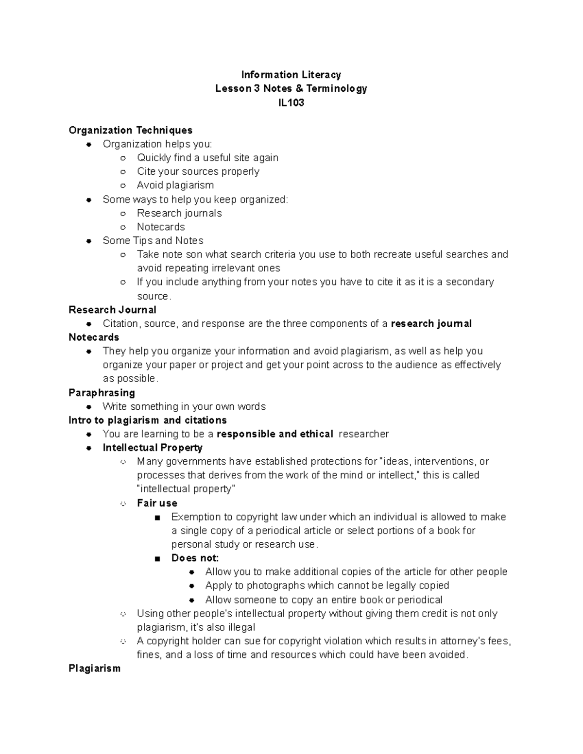 Information Literacy Lesson 3: Notes on How to Organize and Avoid ...